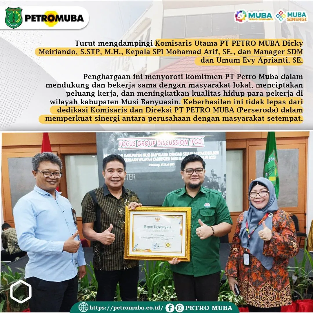 PT Petro Muba Terima Penghargaan Dukungan Dan Kerjasama Perusahaan Dalam Pemberdayaan Tenaga ...